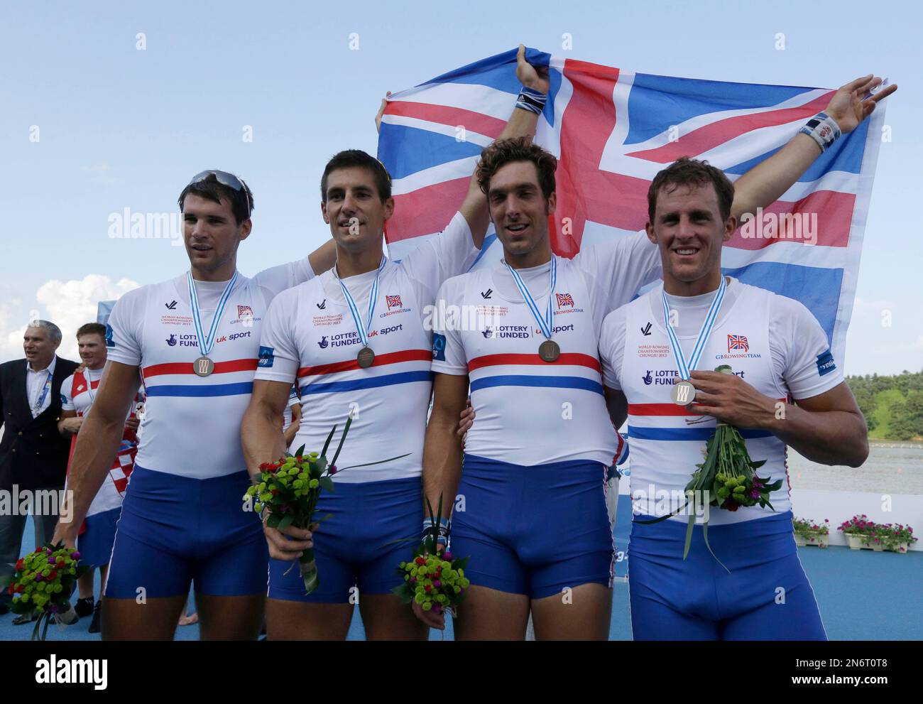 Winners for bronze medals of Britain pose for photos during a medal ...