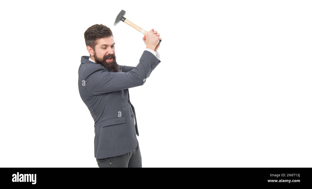 Angry businessman holding hammer isolated on white. Professional man ...