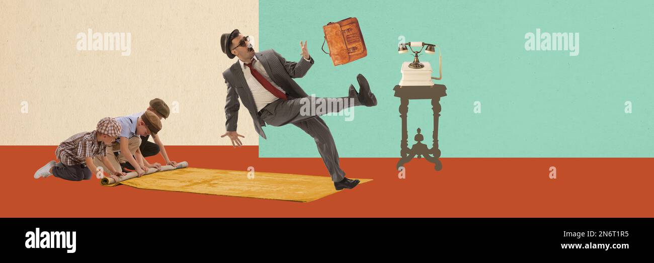 Contemporary art collage. Creative design. Man returning home and ...