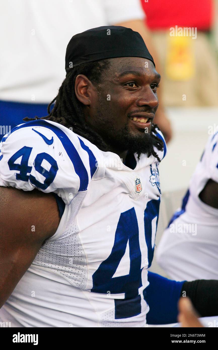 Indianapolis Colts linebacker Caesar Rayford watches from the sidelines ...