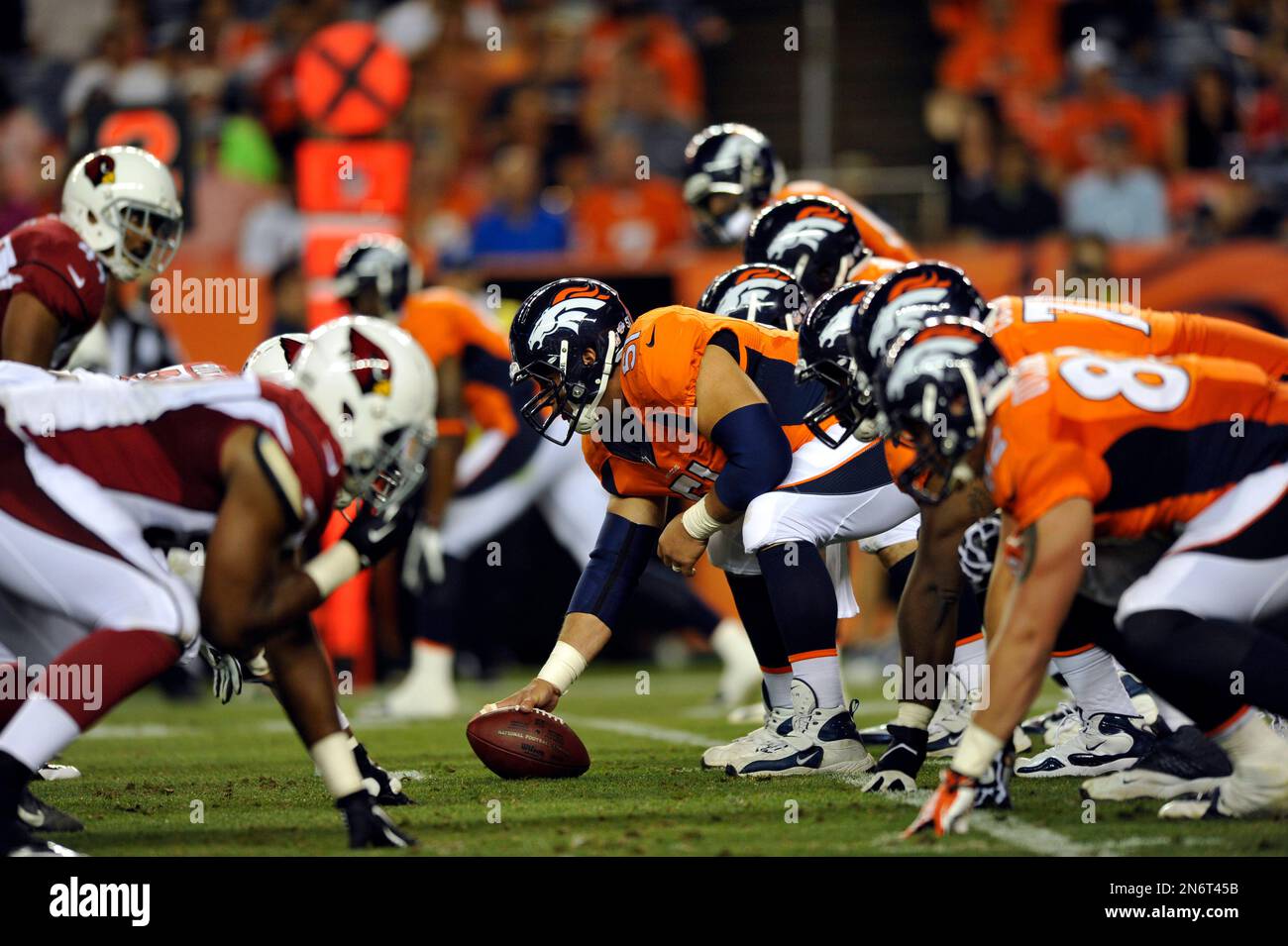 The Denver Broncos line up against the Arizona Cardinals during a pre ...