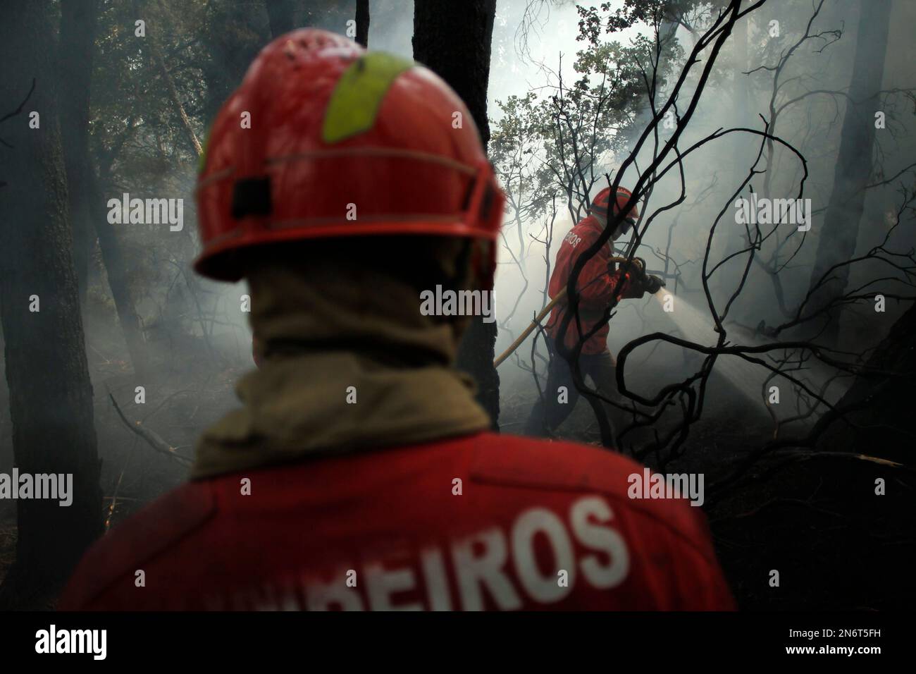 Portuguese firefighters work to extinguish a wildfire in Caramulo ...