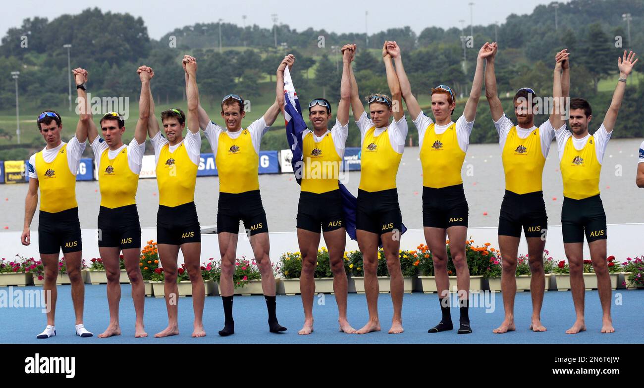 Australia's silver medalists celebrate during a medal ceremony for the ...