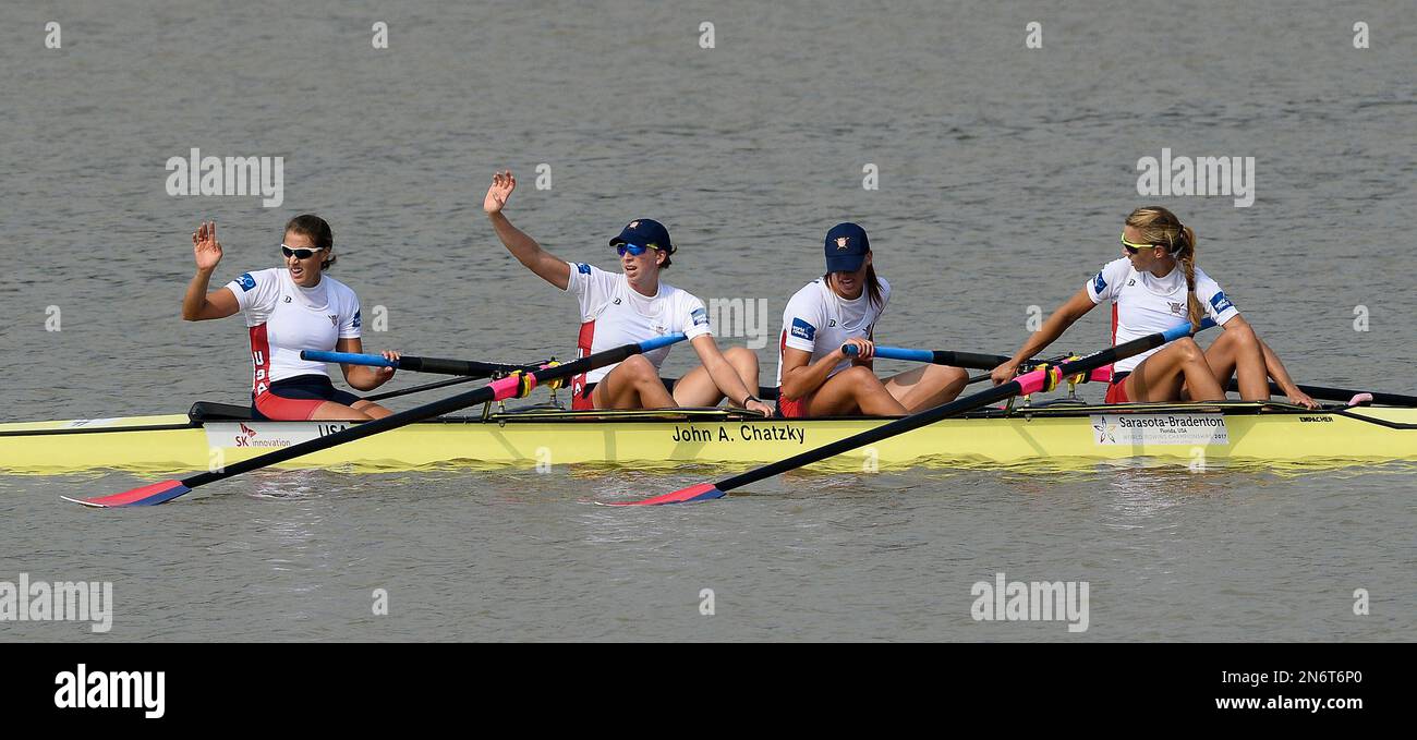 U.S. rowers, from left, Emily Huelskamp, Olivia Coffey, Tessa Gobbo and ...