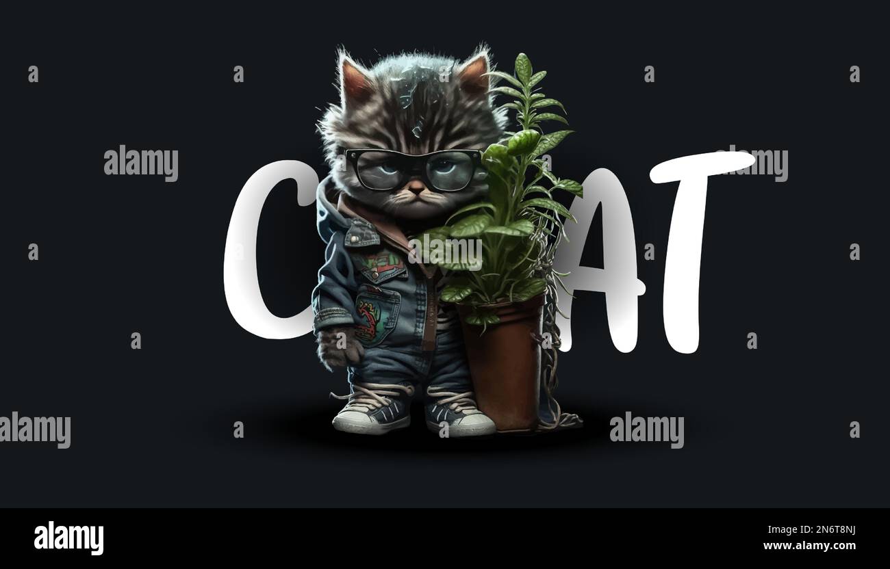 Cute nerd cat. Beautiful cat doll on a black background. Funny adorable ...