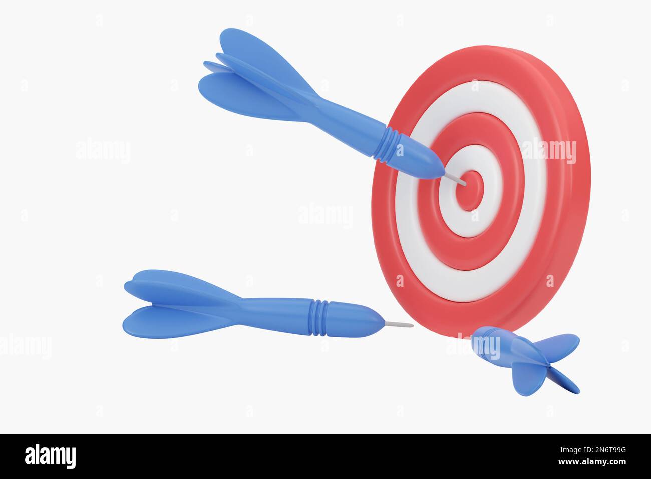 3d rendering Blue darts hitting the success target. Arrow hit the center of target. Business ...