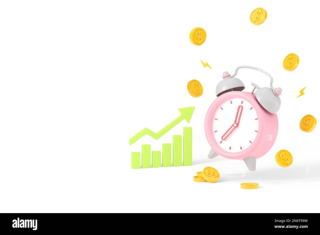 3d render of cartoon alarm clock and gold coins. Time is money concept ...