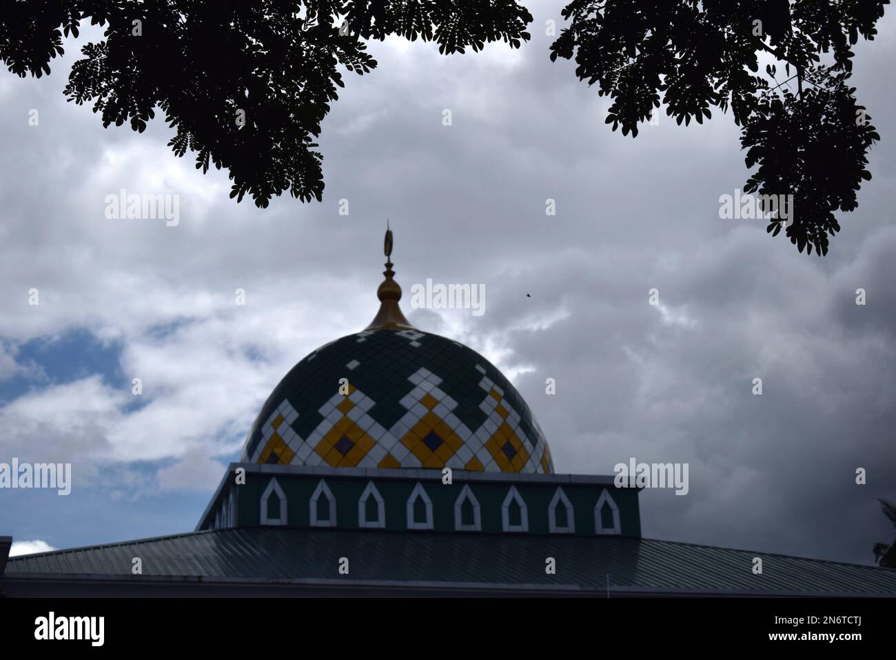 Islamic mosque and blue sky, perspective of mosque dome and lower angle ...