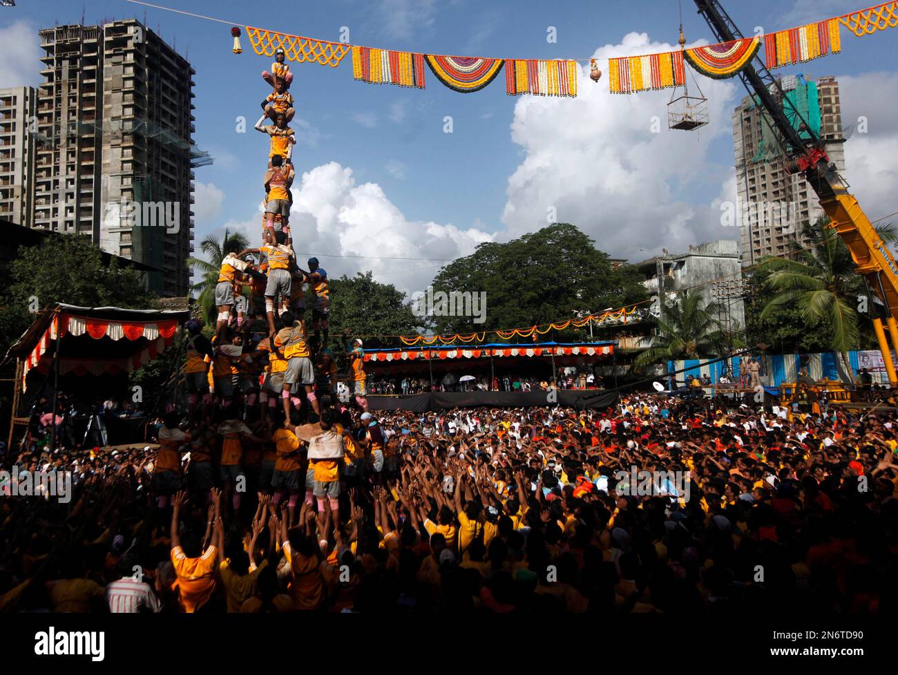 People form a human pyramid during celebrations to mark ‘Janmashtami ...