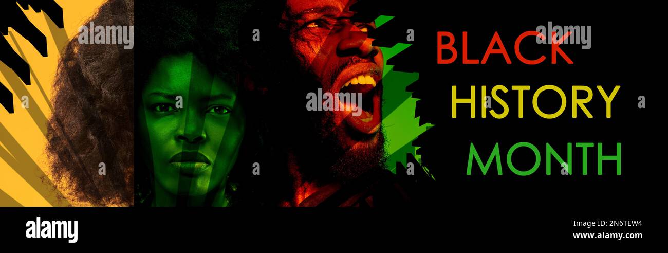 African-american woman and man over black background with red yellow ...