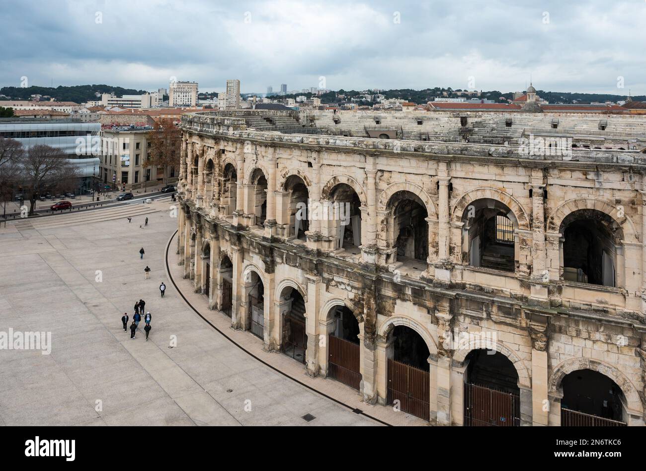 Nîmes, Occitanie, France - 01 01 2023 - High angle view over the Arena ...