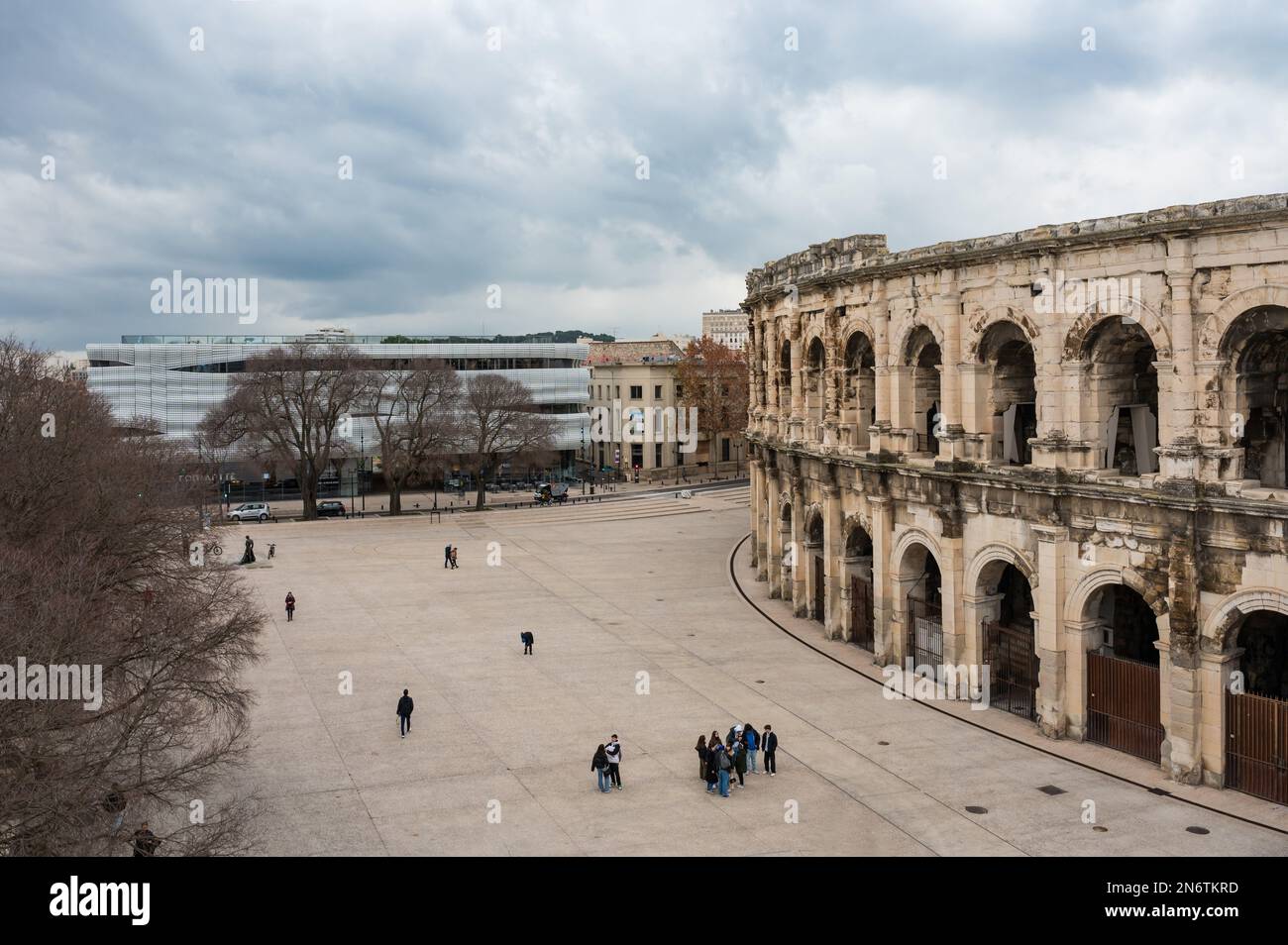 Nîmes, Occitanie, France - 01 01 2023 - High angle view over the Arena ...