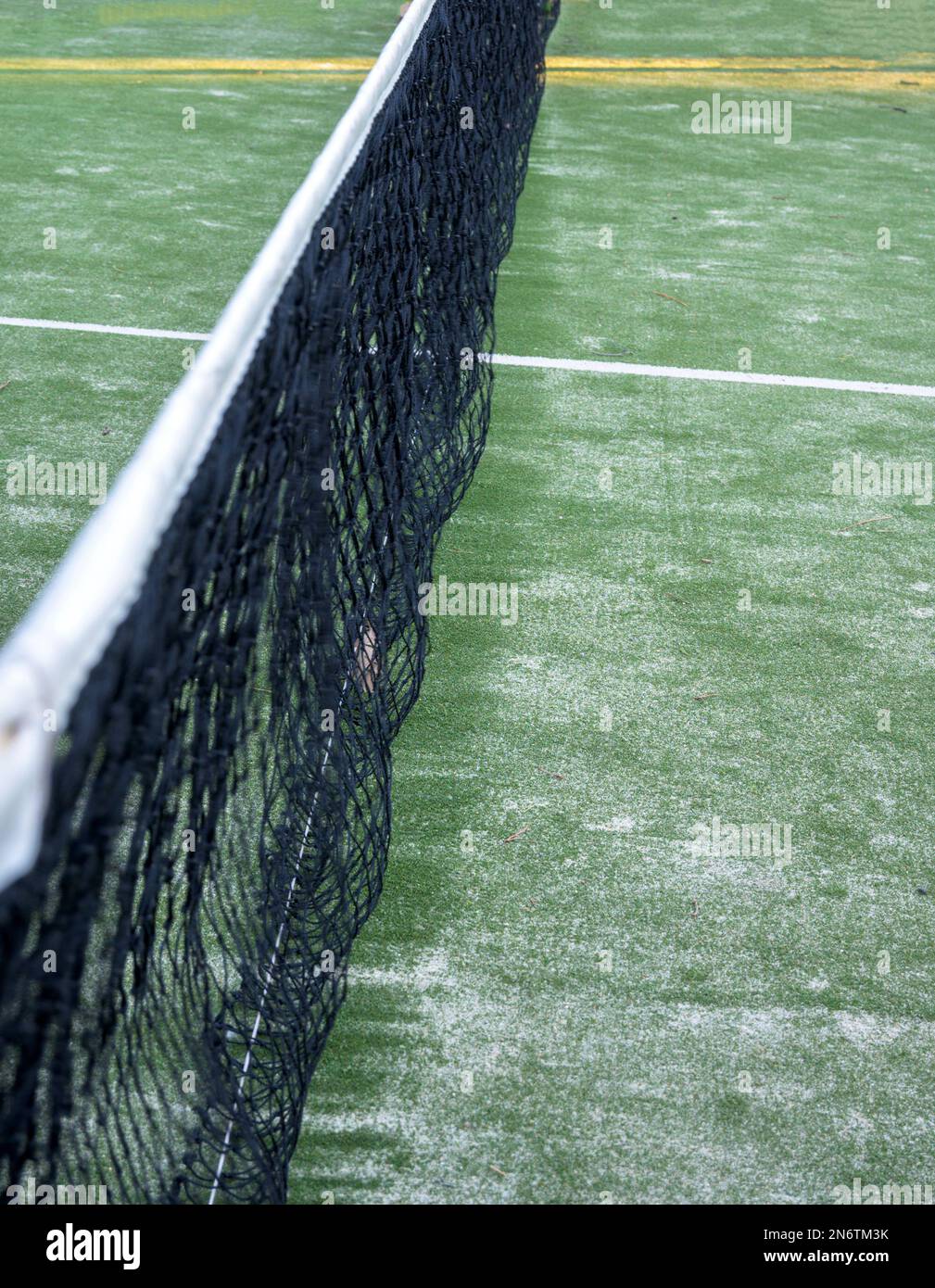 net on paddle court with green artificial grass and sand vertically ...