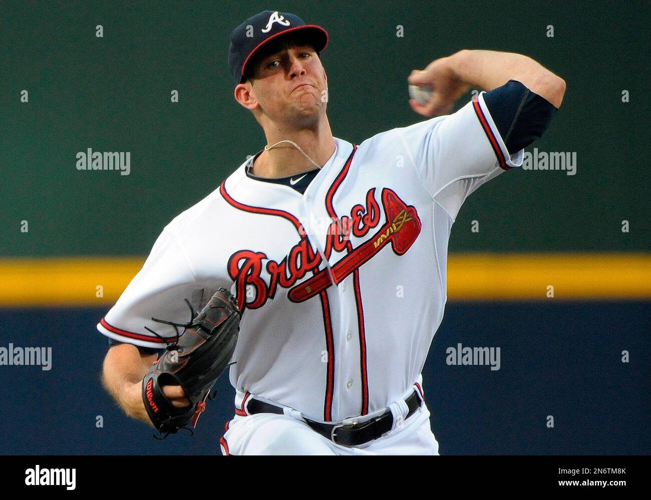 Atlanta Braves pitcher Alex Wood delivers to the Cleveland Indians ...