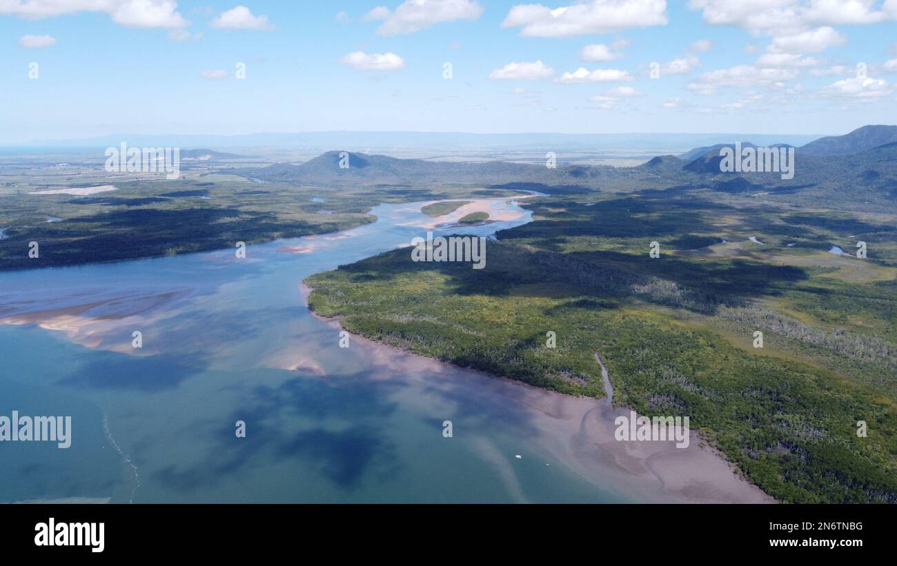 Aerial shot of the river winding through the mangroves in the ...