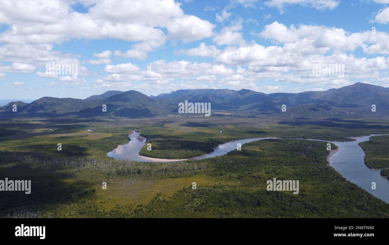 Aerial shot of the river winding through the mangroves in the ...