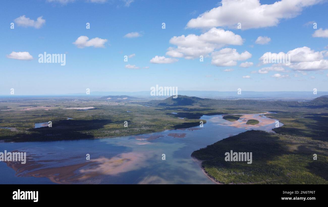 Aerial shot of the river winding through the mangroves in the ...