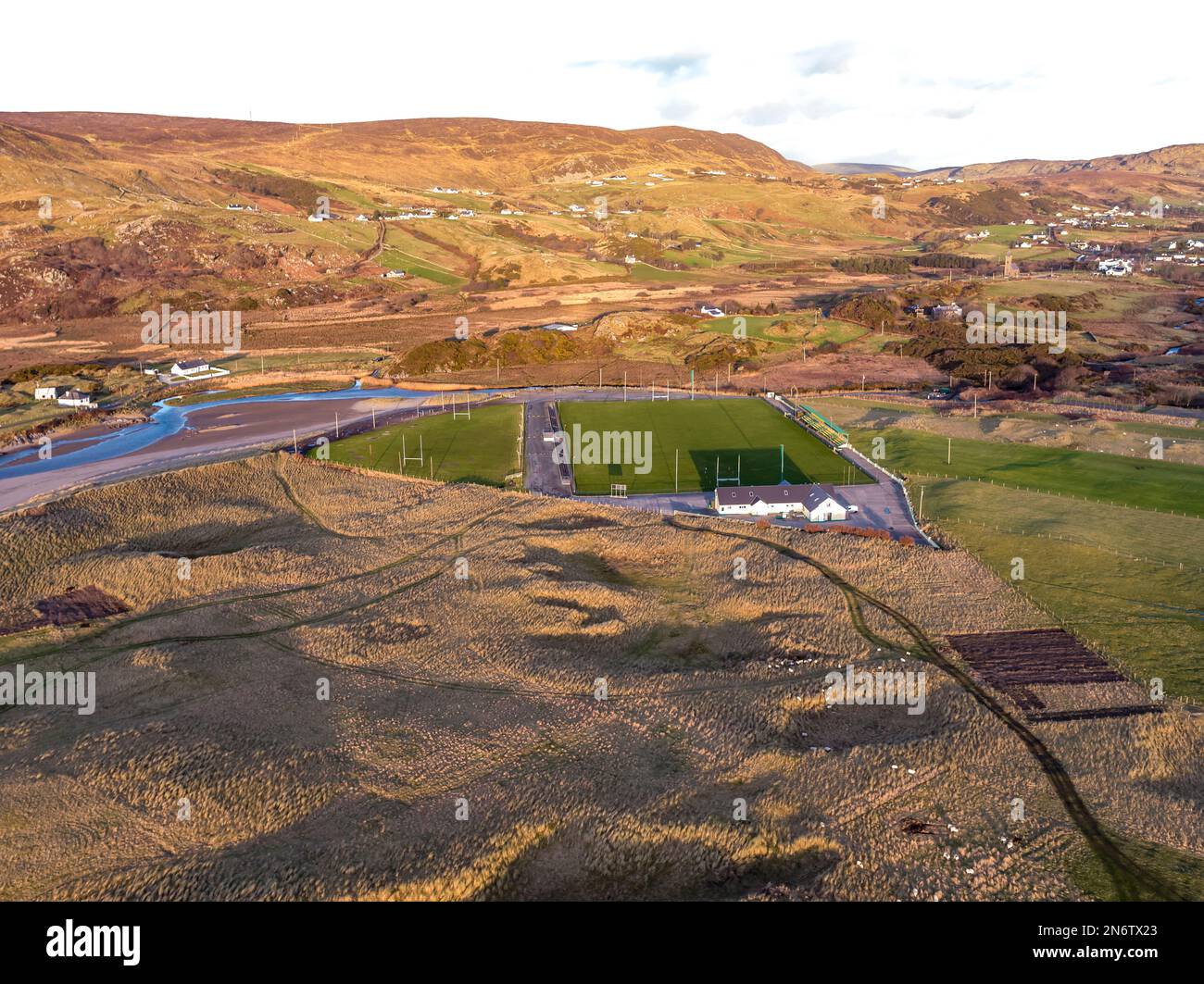 Aerial view of Glencolumbkille GAA field in County Donegal, Republic of ...