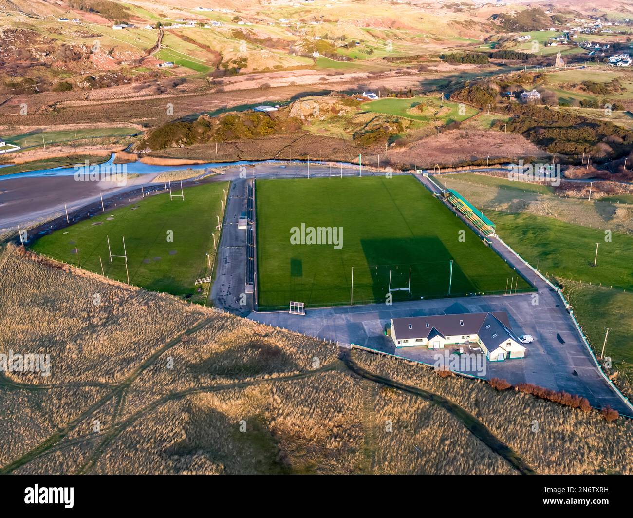 Aerial view of Glencolumbkille GAA field in County Donegal, Republic of ...