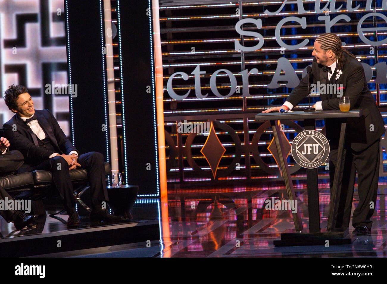 From left, roastee James Franco and comedian Jeff Ross onstage during ...