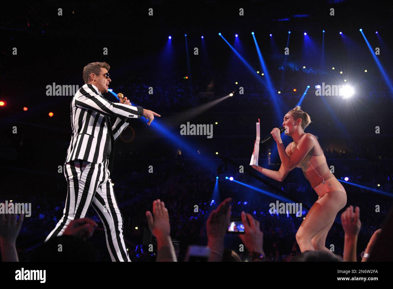 Robin Thicke, left, and Miley Cyrus perform at the MTV Video Music ...