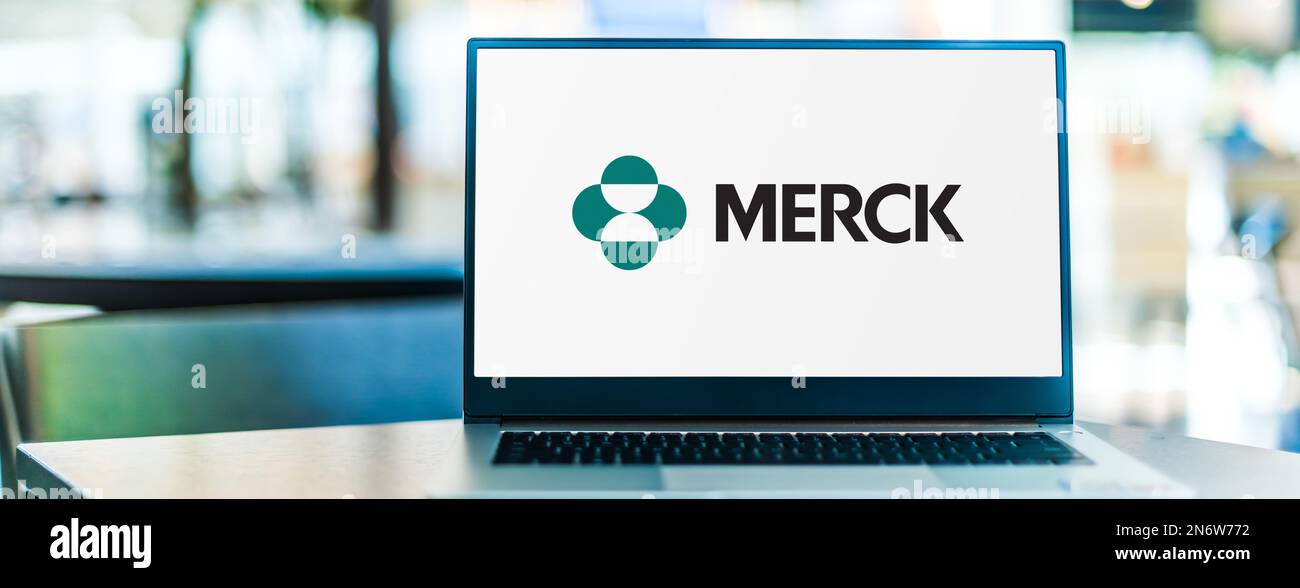 POZNAN, POL - OCT 28, 2022: Laptop computer displaying logo of Merck, a ...