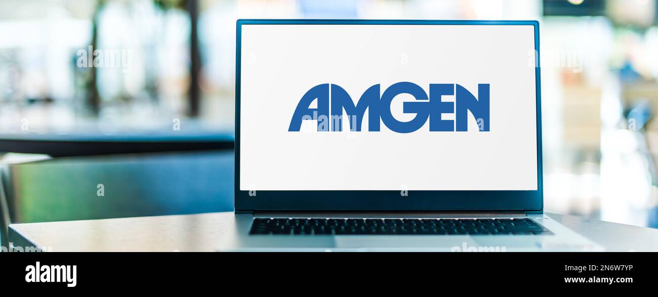 POZNAN, POL - OCT 28, 2022: Laptop computer displaying logo of Amgen, a ...