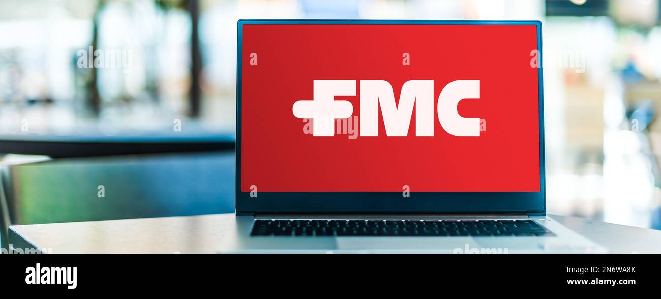 POZNAN, POL - DEC 28, 2022: Laptop computer displaying logo of FMC ...