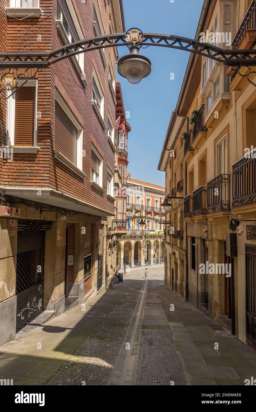 Small street in the old town of Portugalete, Basque Country, Spain ...