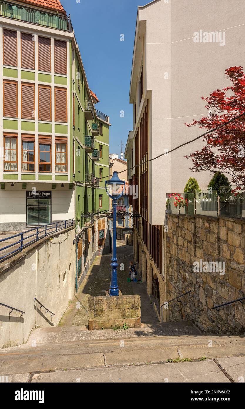 Small street in the old town of Portugalete, Basque Country, Spain ...