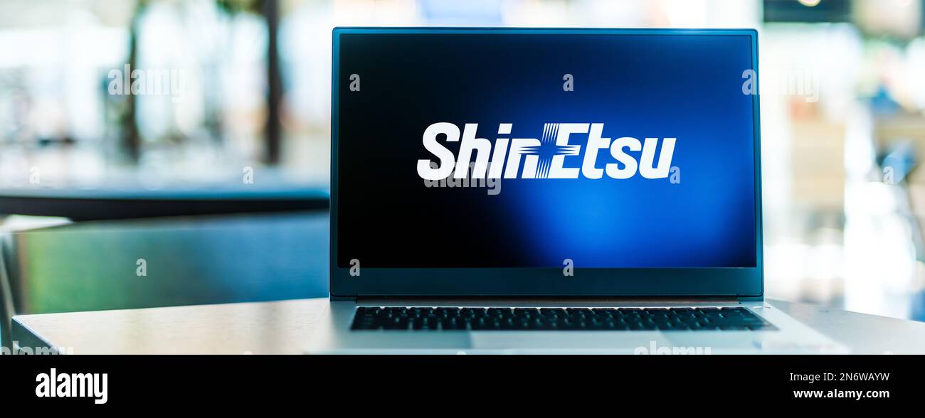 POZNAN, POL - DEC 28, 2022: Laptop computer displaying logo of Shin ...