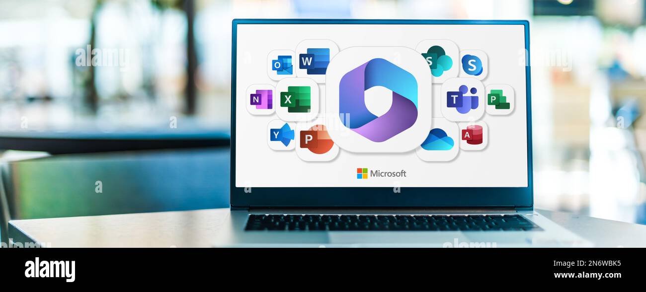 POZNAN, POL - JAN 19, 2023: Laptop computer displaying logos of ...