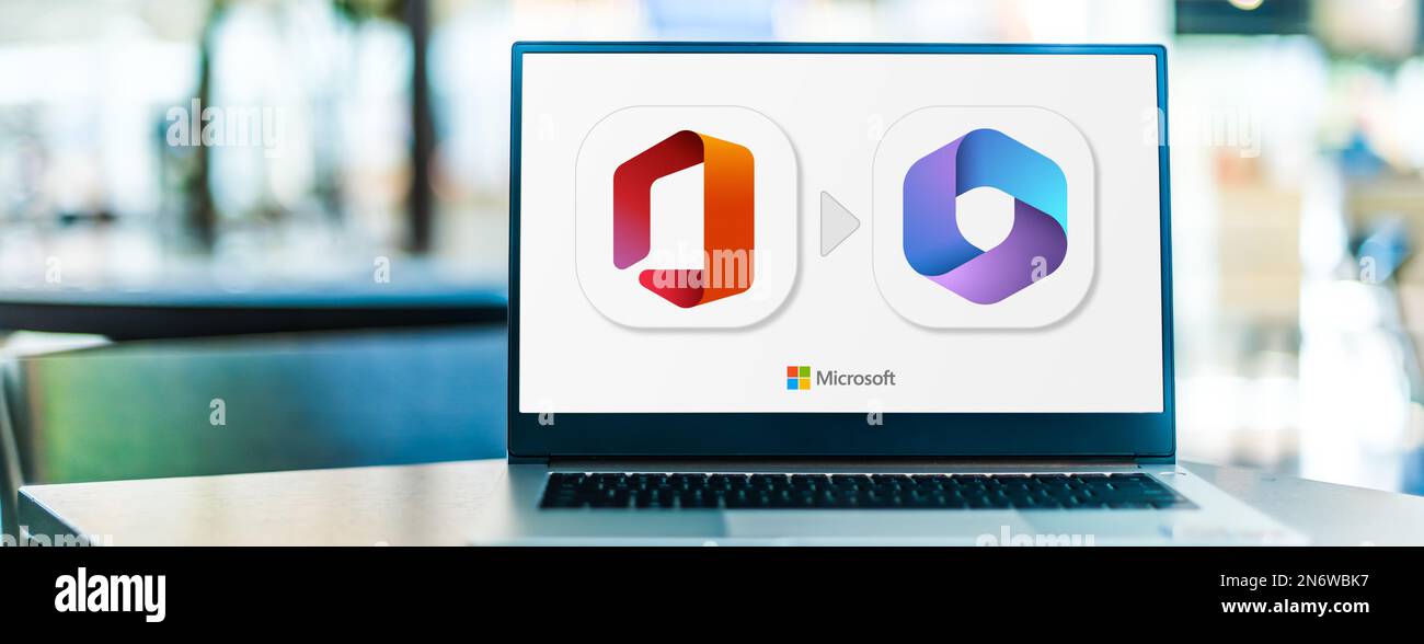 POZNAN, POL - JAN 19, 2023: Laptop computer displaying logos of ...