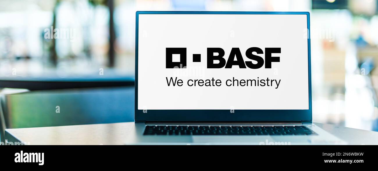 POZNAN, POL - DEC 28, 2022: Laptop computer displaying logo of BASF, a ...