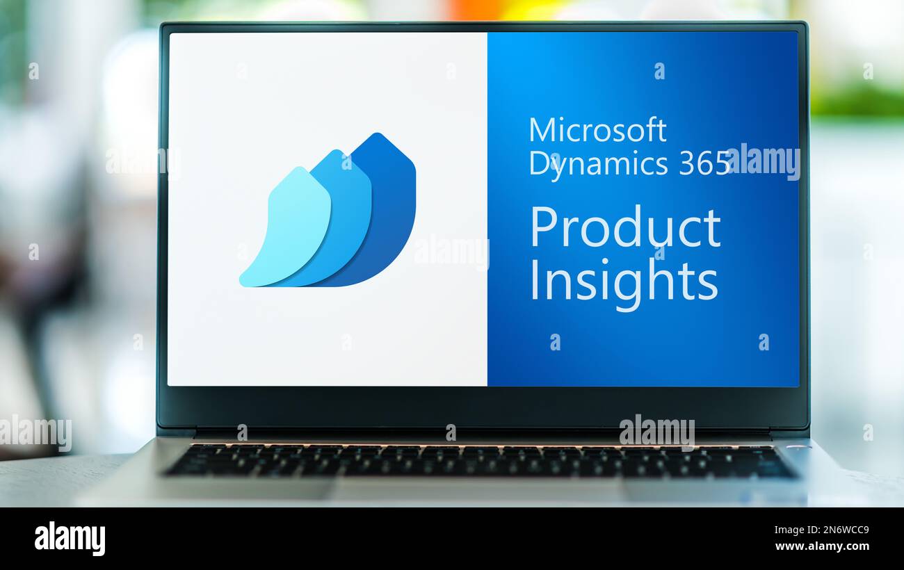 POZNAN, POL - MAY 24, 2022: Laptop computer displaying logo of Microsoft Dynamics 365 Product ...