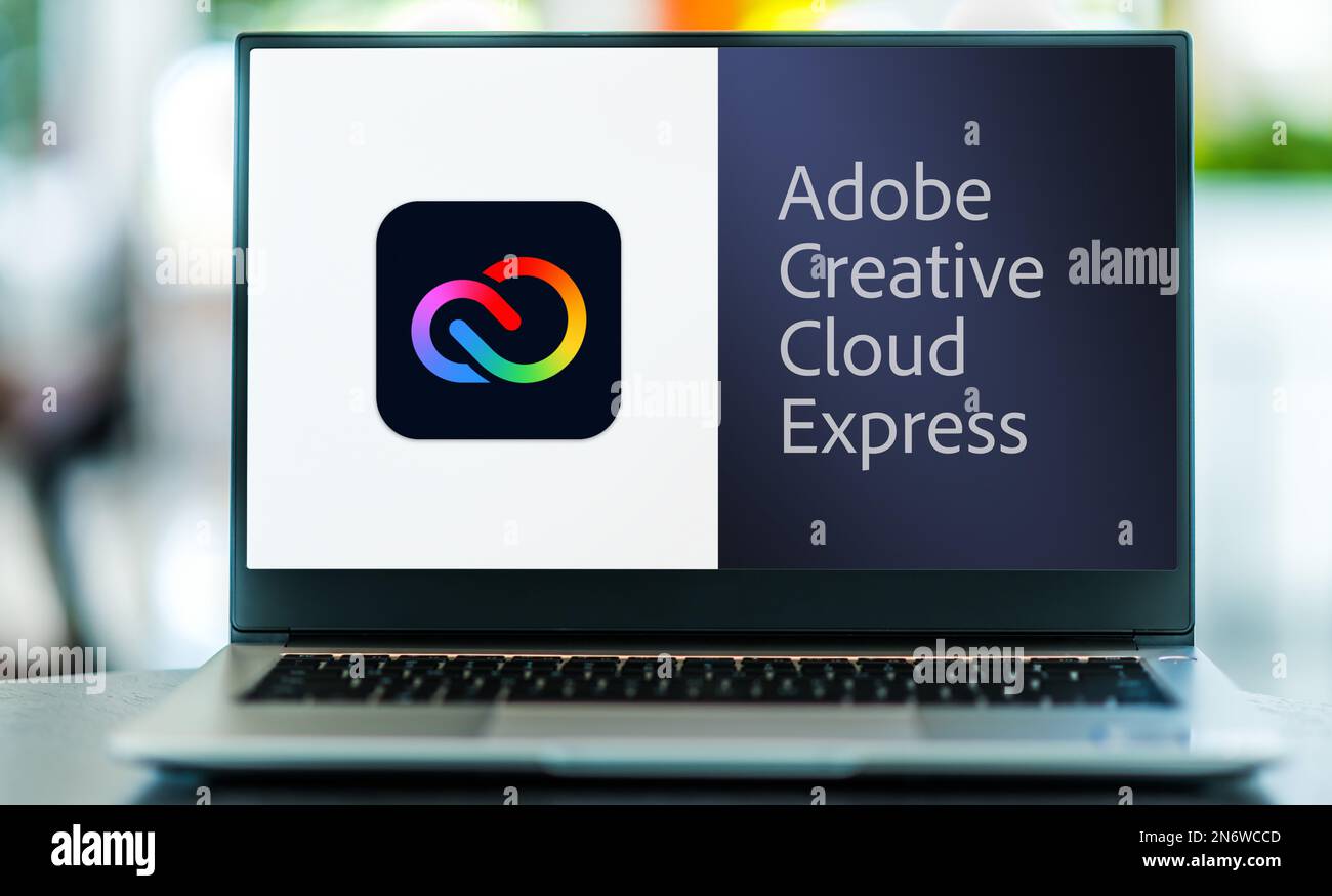 POZNAN, POL - JUN 21, 2022: Laptop computer displaying logo of Adobe Creative Cloud Express, a ...