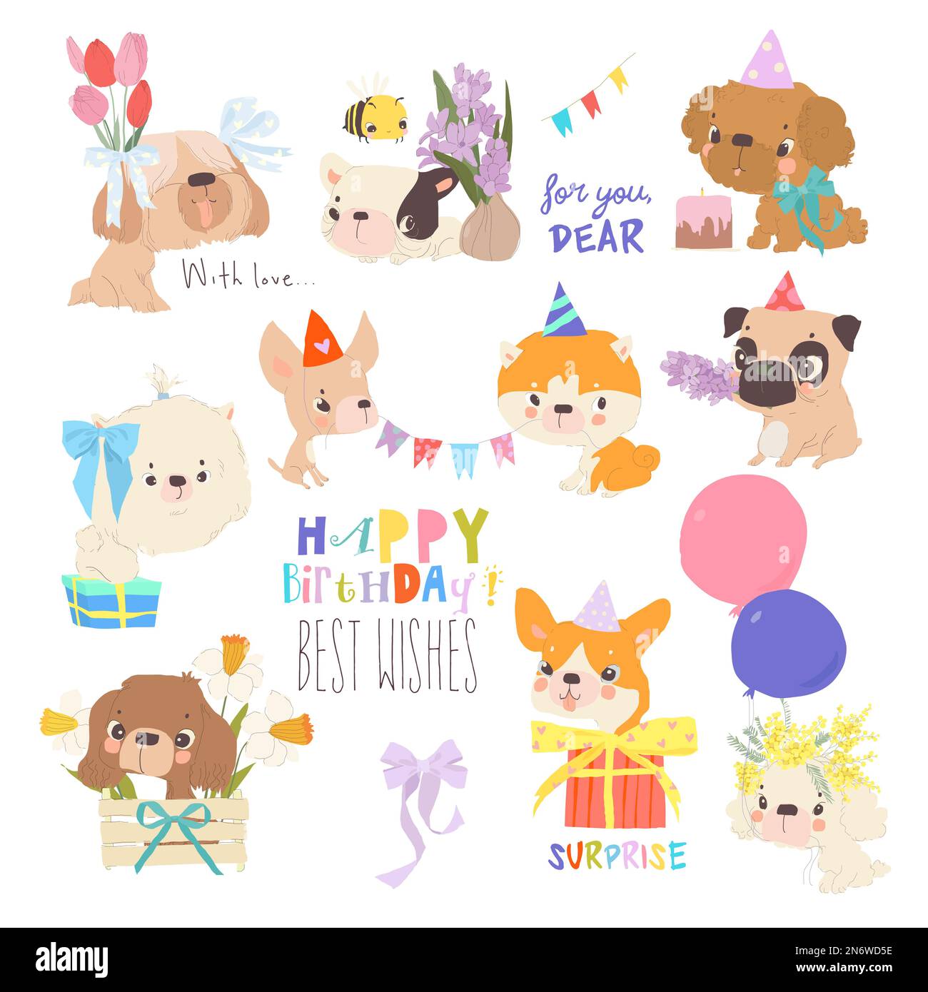 Dog Birthday Party. Puppies of Different Breeds at the Party Stock ...