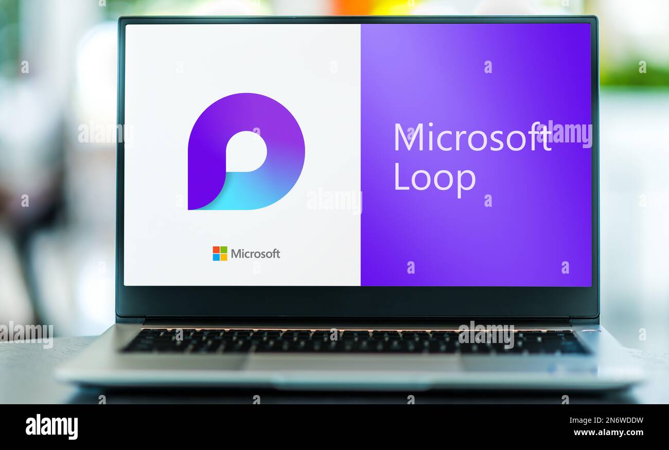 POZNAN, POL - SEP 8, 2022: Laptop computer displaying logo of Microsoft ... POZNAN, POL - SEP 8, 2022: Laptop computer displaying logo of Microsoft ...