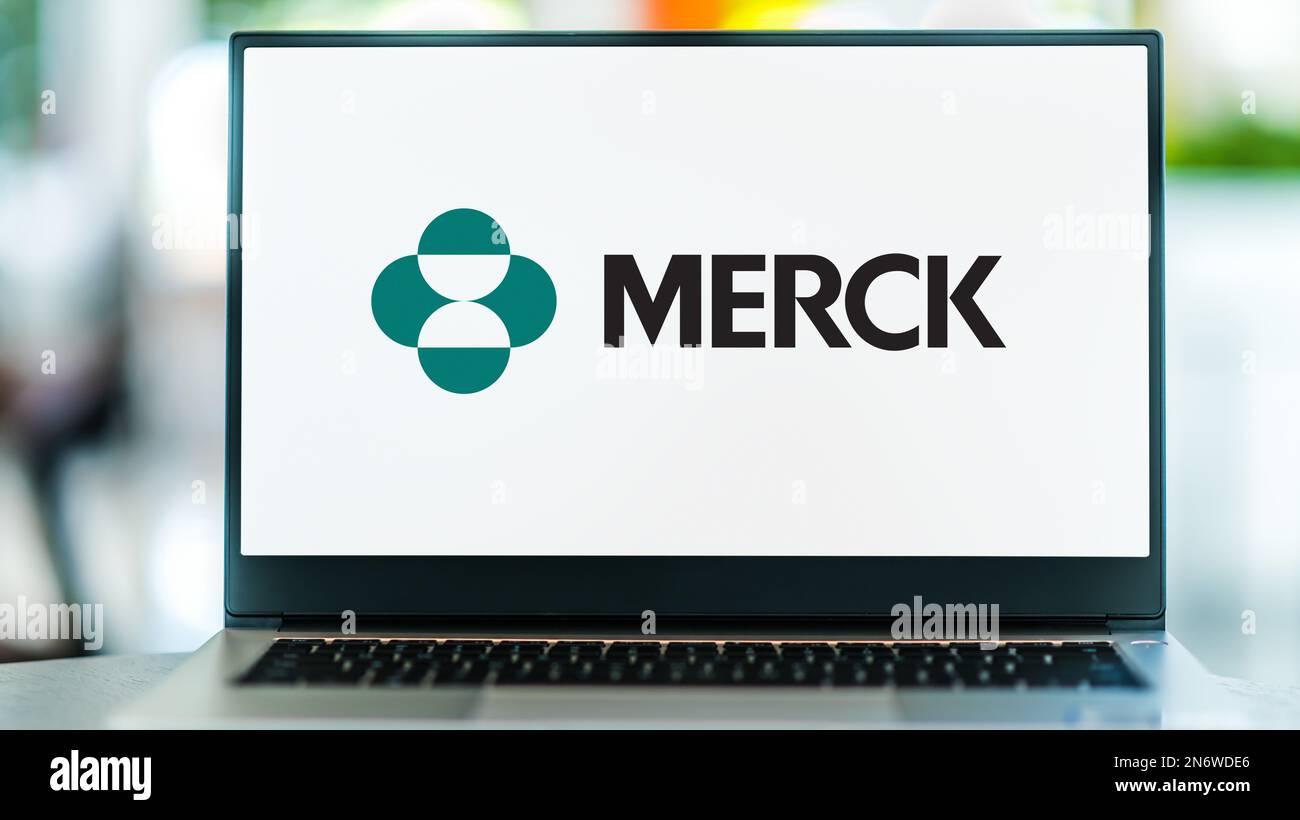POZNAN, POL - OCT 28, 2022: Laptop computer displaying logo of Merck, a ...