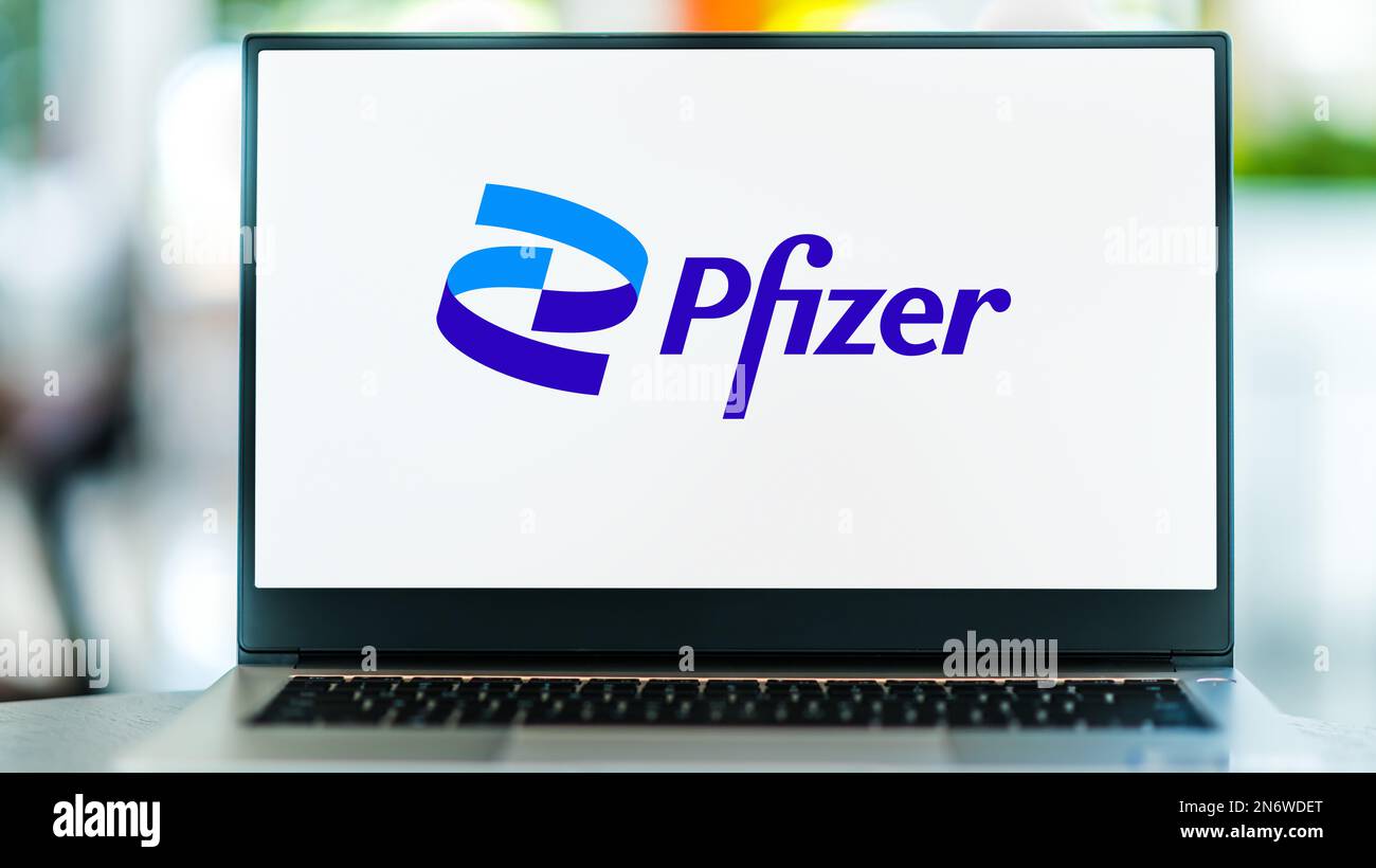POZNAN, POL - OCT 28, 2022: Laptop computer displaying logo of Pfizer ...