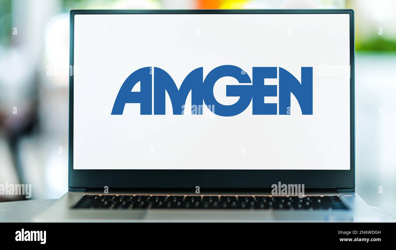 POZNAN, POL - OCT 28, 2022: Laptop computer displaying logo of Amgen, a ...