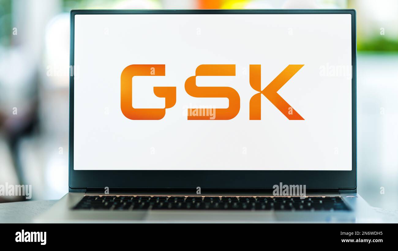 POZNAN, POL - OCT 28, 2022: Laptop computer displaying logo of GSK, a ...