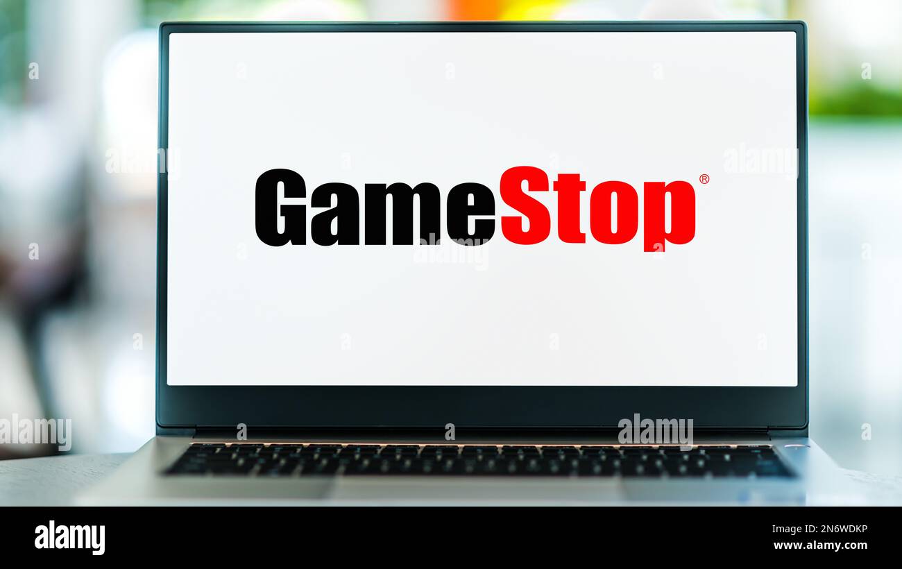 POZNAN, POL - NOV 22, 2022: Laptop computer displaying logo of GameStop ...