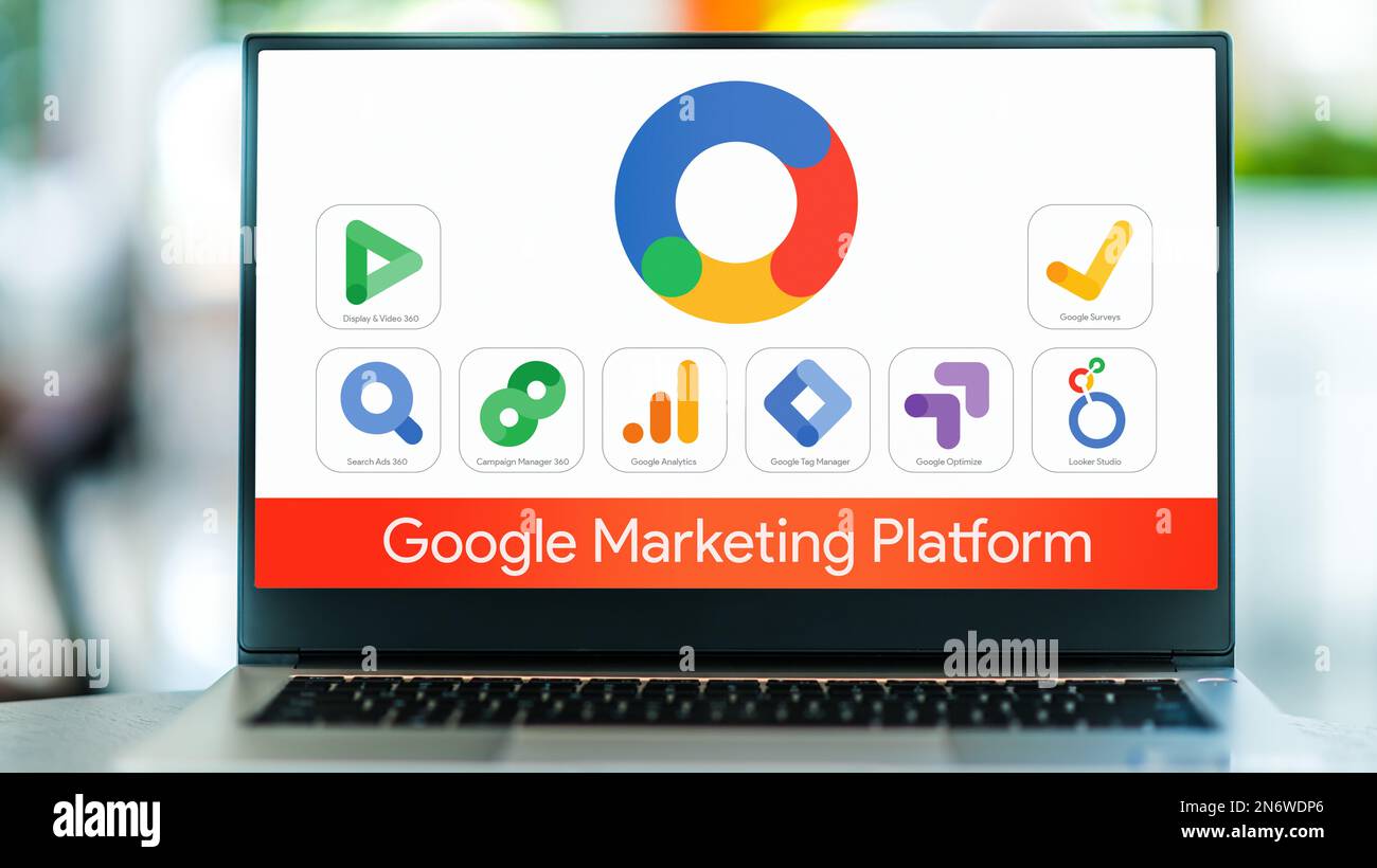 POZNAN, POL - DEC 28, 2022: Laptop computer displaying logos of Google ...