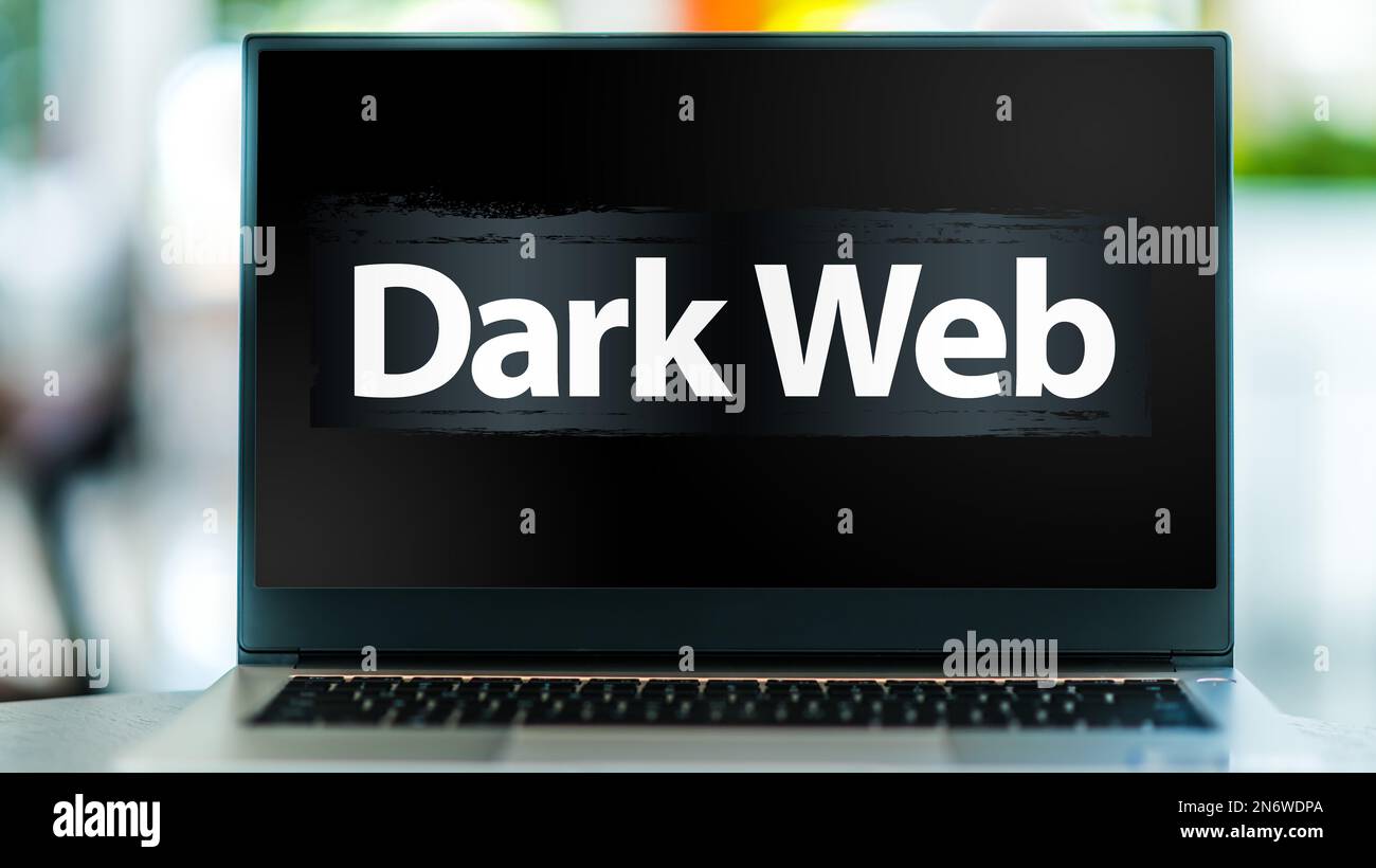 Laptop computer displaying the warning sign of the dark web Stock Photo ...