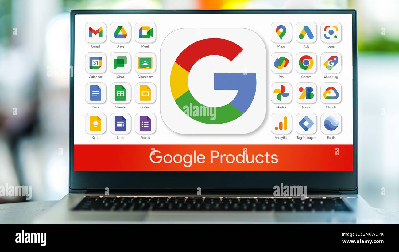 POZNAN, POL - DEC 3, 2022: Laptop computer displaying logos of Google ...