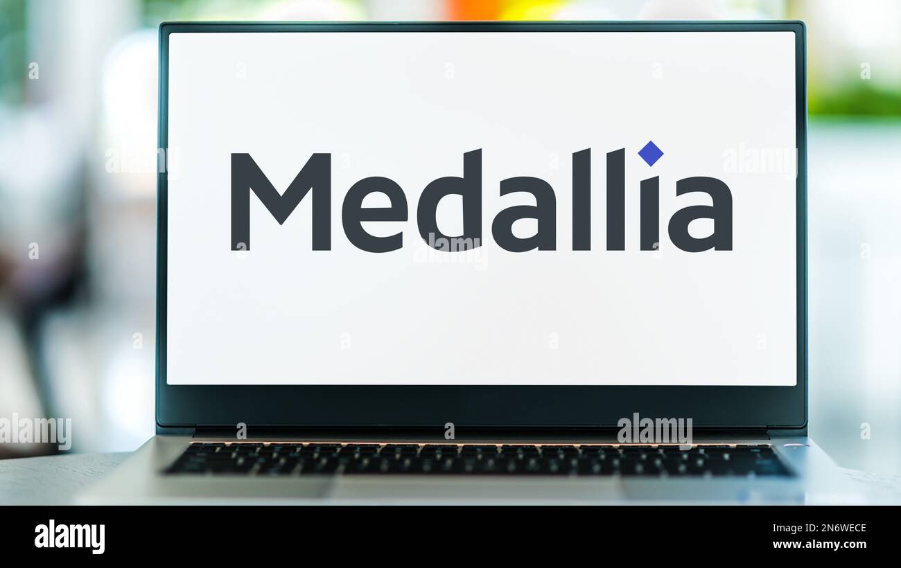 POZNAN, POL - DEC 28, 2022: Laptop computer displaying logo of Medallia ...