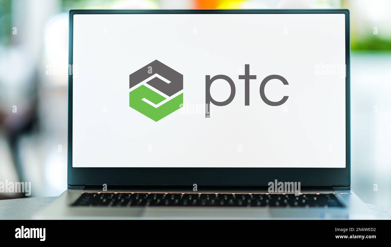 POZNAN, POL - DEC 28, 2022: Laptop computer displaying logo of PTC, a ...