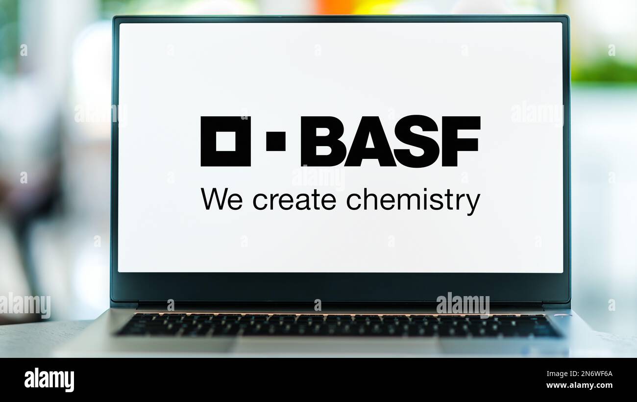 POZNAN, POL - DEC 28, 2022: Laptop computer displaying logo of BASF, a ...