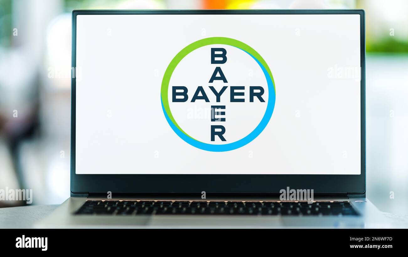 POZNAN, POL - DEC 28, 2022: Laptop computer displaying logo of Bayer AG ...